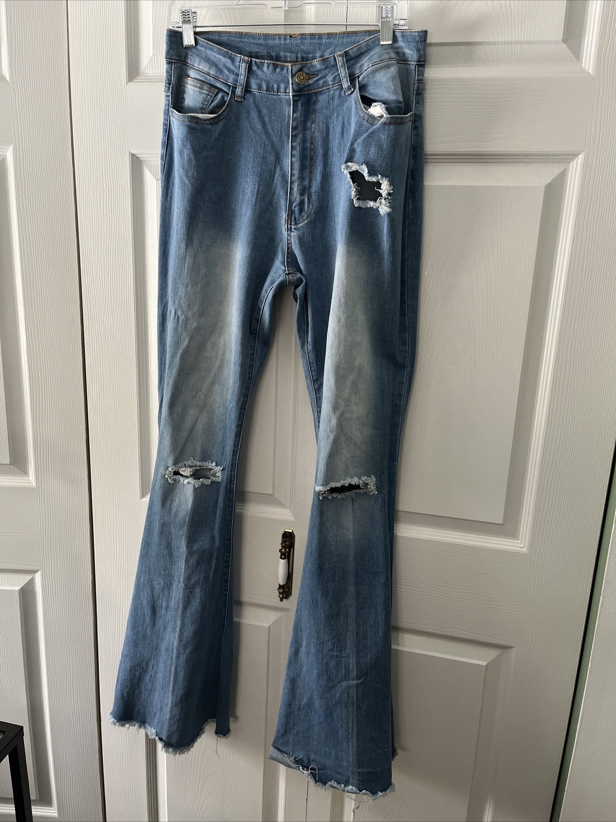 Shein Light Blue Distressed Flare Leg Skinny Jeans (W… - Gem