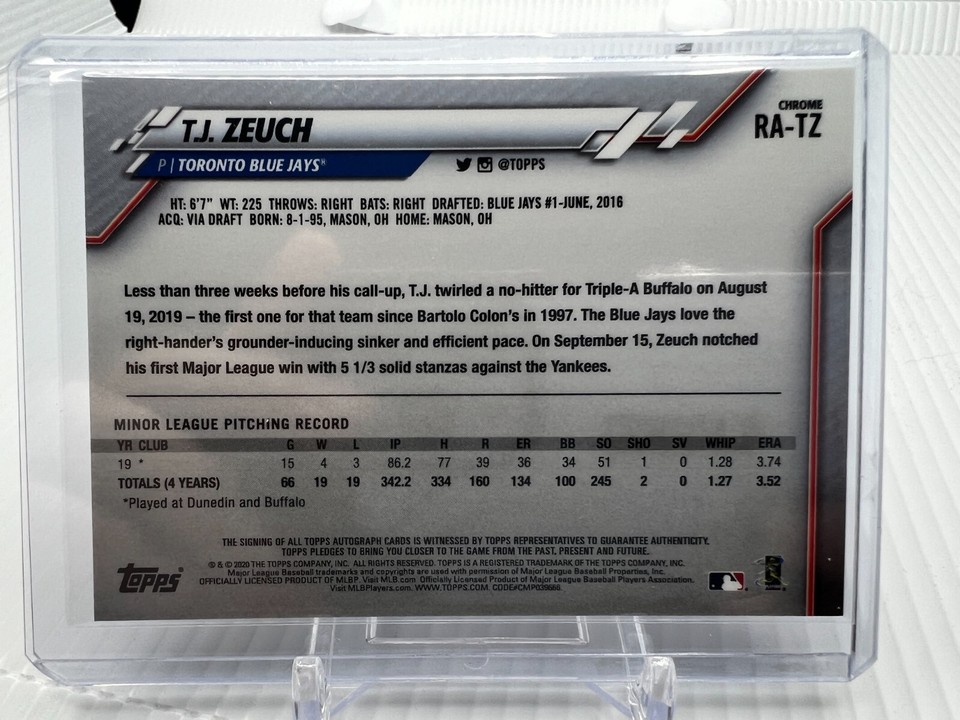 2020 Topps Chrome TJ Zeuch Rookie Auto Autograph RC #RA-TZ Blue Jays | eBay