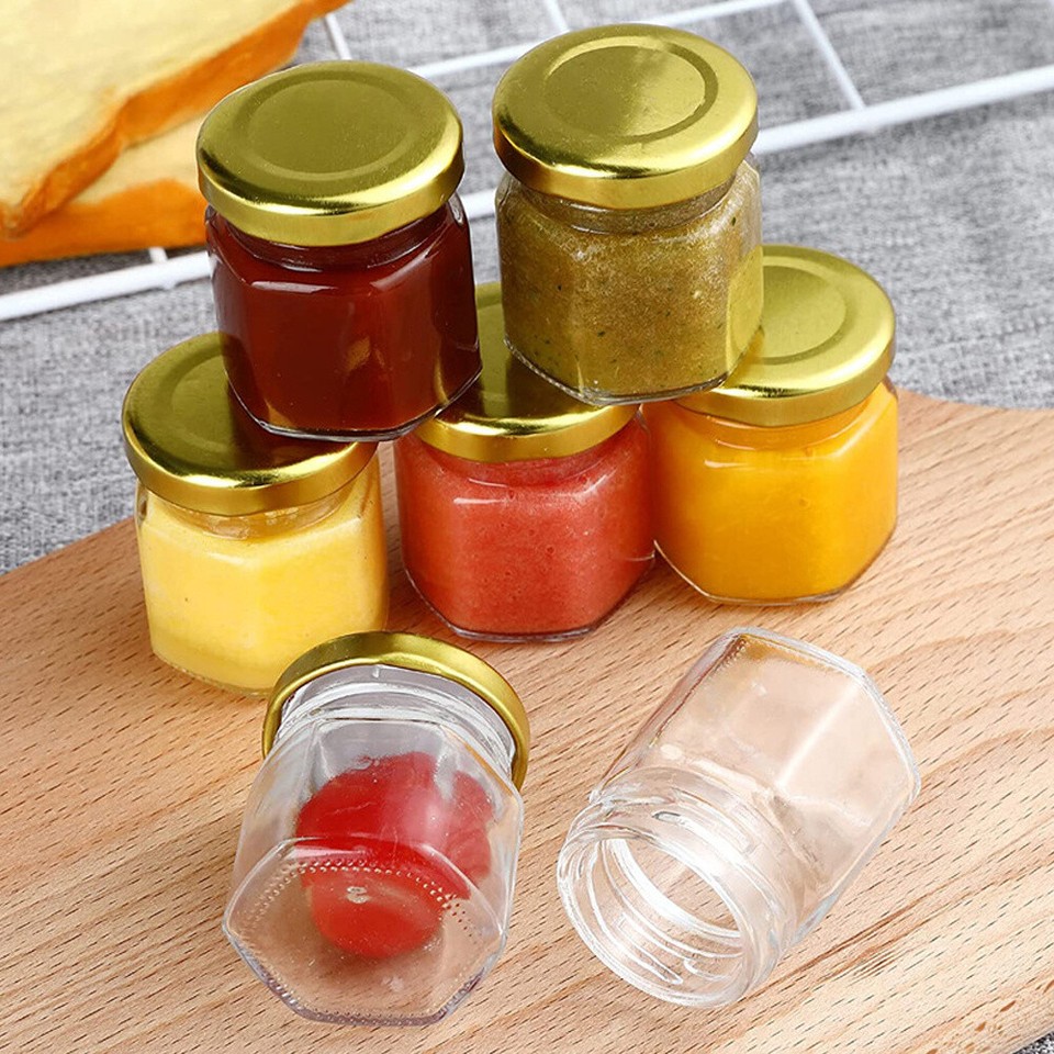 20x Small Glass Jam Jars Airtight 45ml Hexagonal Lid Honey Preserve Lid ...