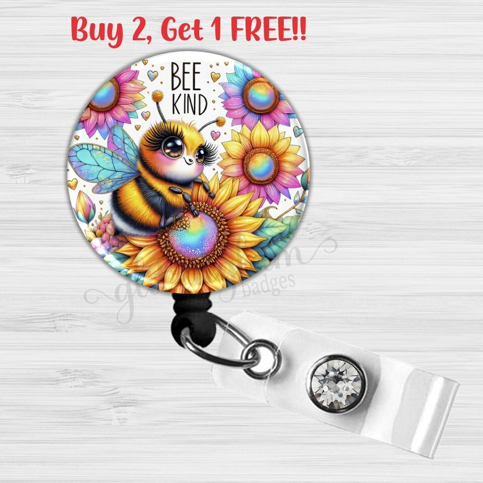Bee Kind Retractable Badge Holder, Inspirational Flower Badge Reel ...