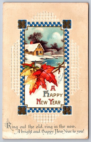 Ellen Clapsaddle New Year~Autumn Leaves & Home By Lake~Blue Gold White ...