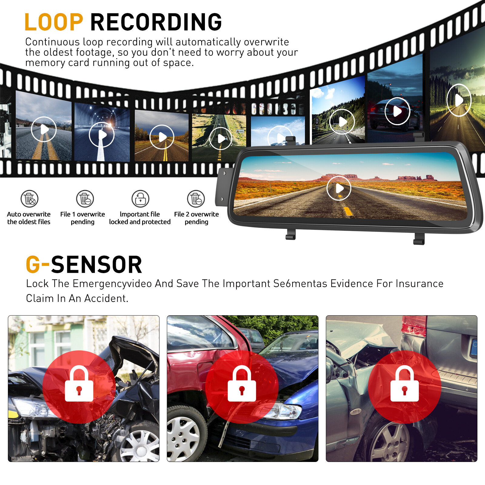 10" Full Touch HD 1080P Car Dual Lens DVR Rear View Mirror Video Dash ...