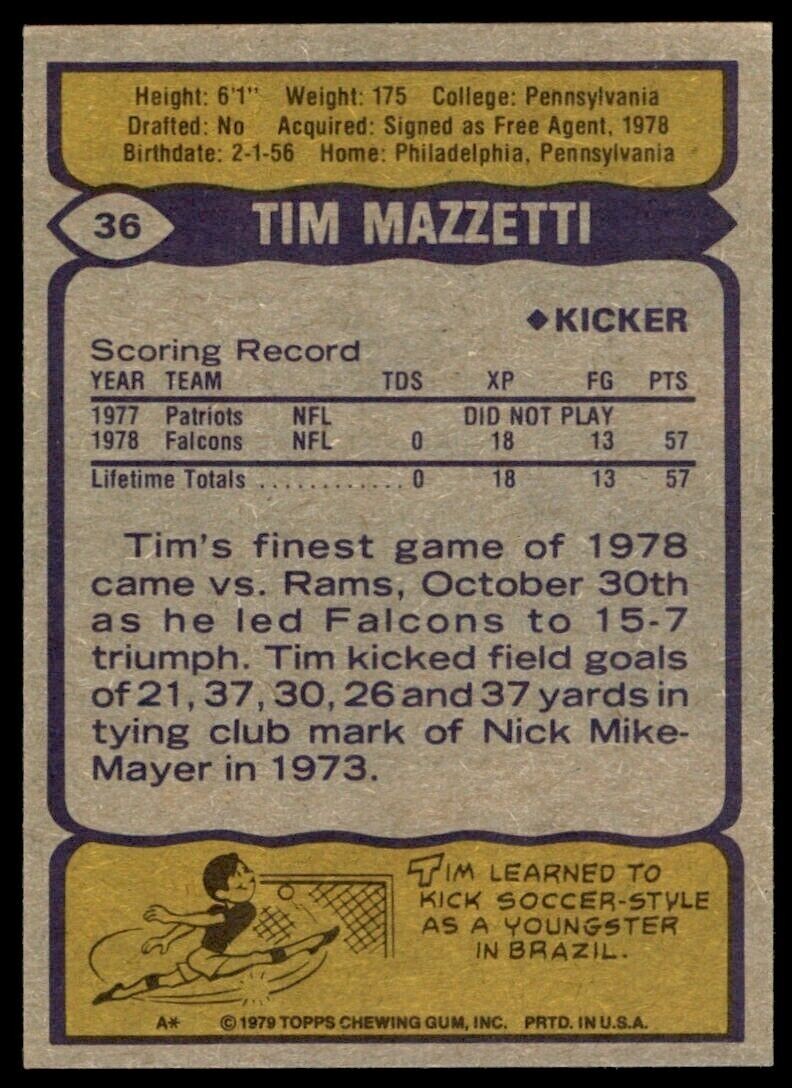 1979 TOPPS Football ROOKIE Trading Card #36 🏈 TIM MAZZETTI, Atlanta ...
