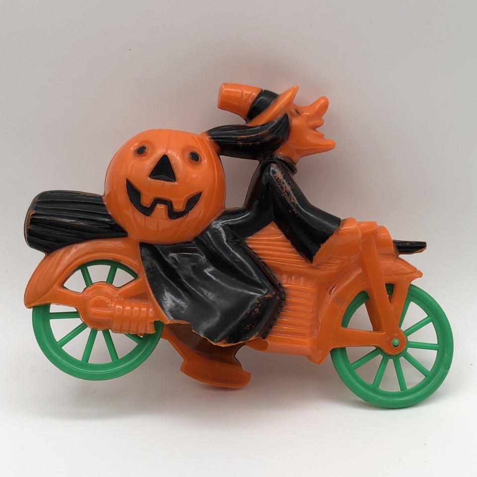Vintage Halloween Witch Jack O' Lantern Motorcycle Bicycle Broom ...