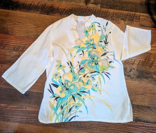 JM Collection 100% Linen Tunic Top Shirt Teal Yellow Sequin Floral Size ...