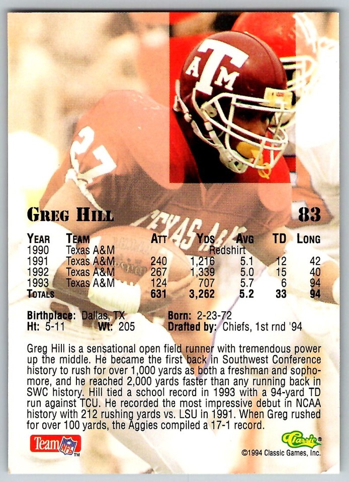1994 CLASSIC NFL DRAFT GREG HILL KANSAS CITY CHIEFS #83 | eBay