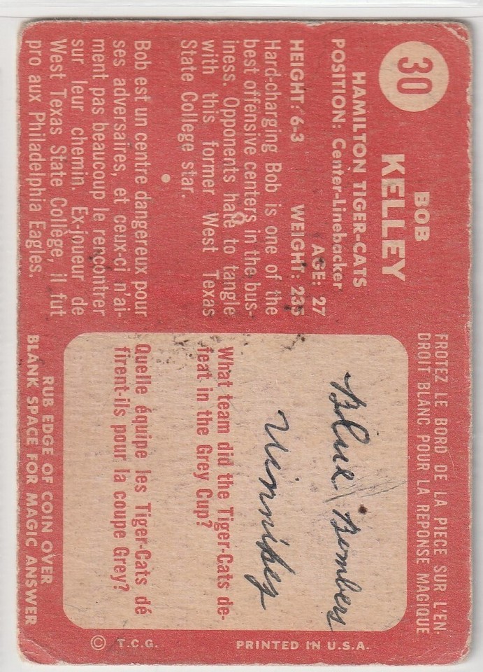 1958 Topps CFL Football #30 Bob Kelley Hamilton Tiger-Cats RC | eBay