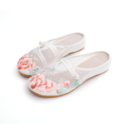 Women Sheer Chinese Shoes Hollow Mesh Splice Sandal Embroidered Floral ...