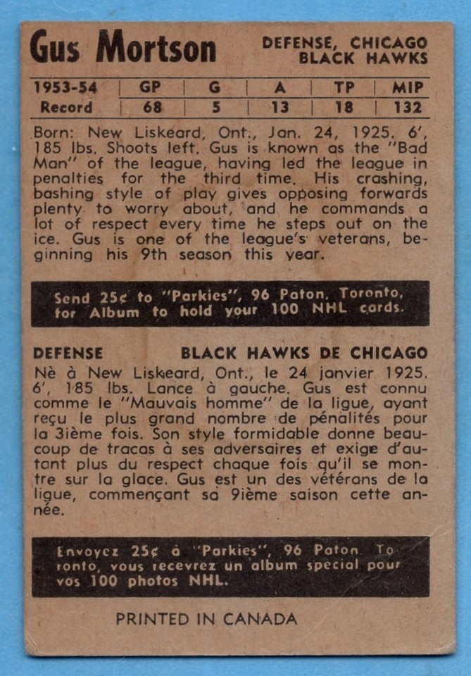 1954-55 Parkhurst #81 Gus Mortson VG-VGEX MISCUT Chicago Black Hawks ...