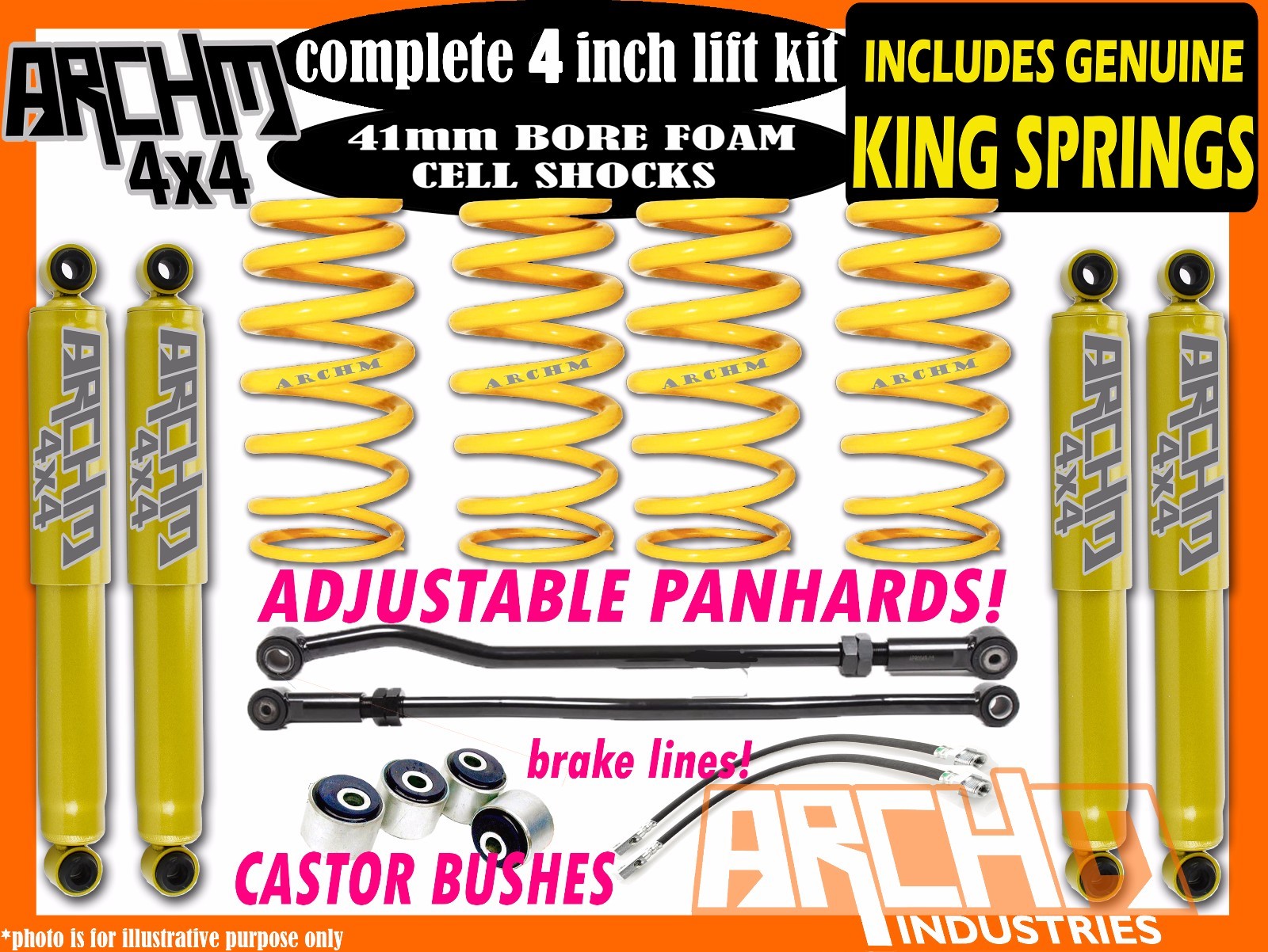 PATROL GQ/GU 4 INCH LIFT 100mm KIT ARCHM4X4 & COIL SPRINGS+CASTOR+ADJ ...