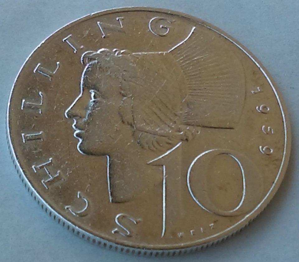 10 Schilling 1959. Österreich Austria silver coin, Silbermünzen (.640 ...