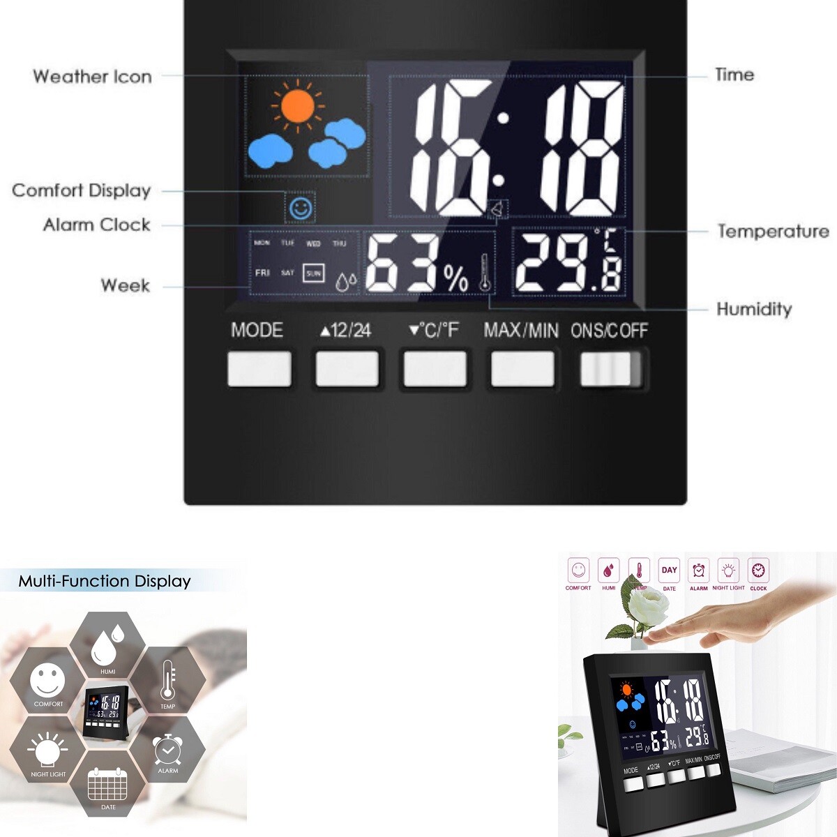 Digital Display Thermometer Humidity Clock Colorful LCD Alarm Calendar ...