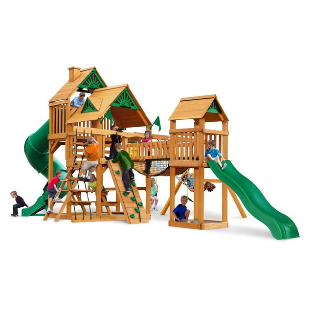 Gorilla Playsets Treasure Trove Cedar Swing Set With Natural Wood Roof ...