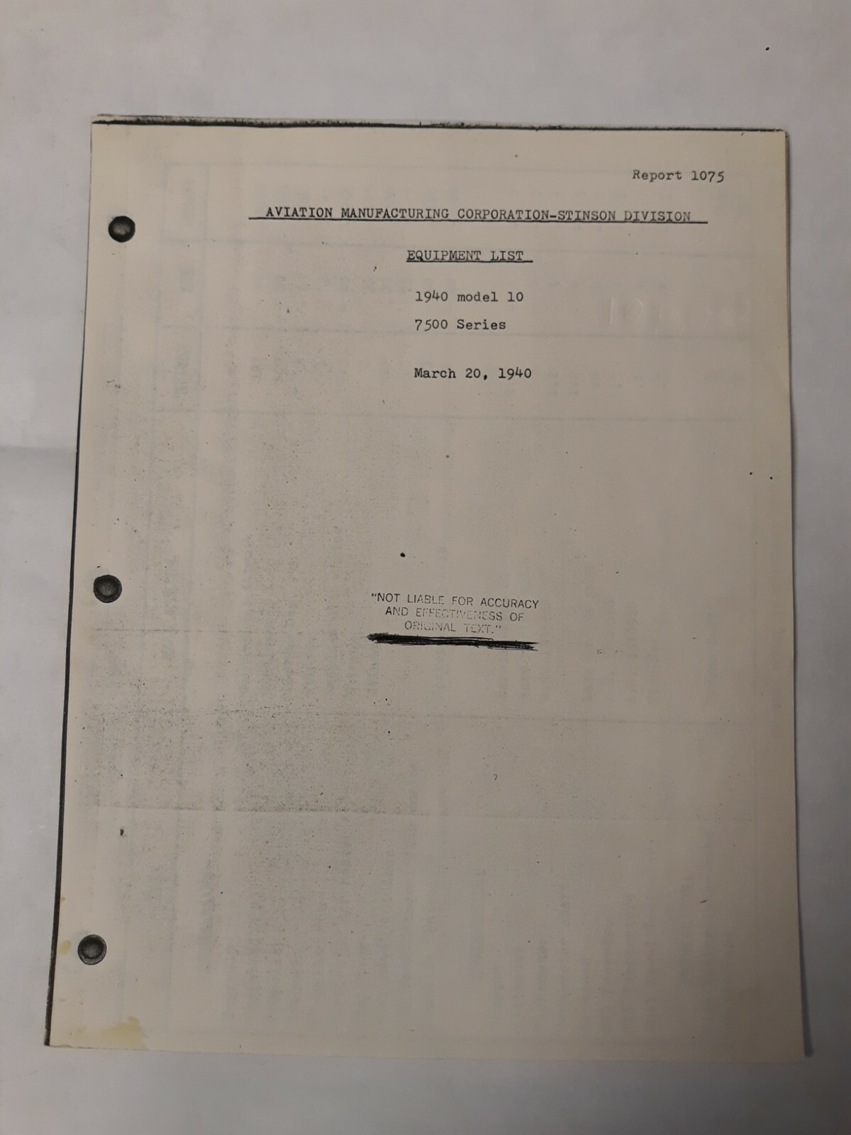 Stinson Model 10, 7500 Series March 20, 1940 Equipment List Report 1075 ...