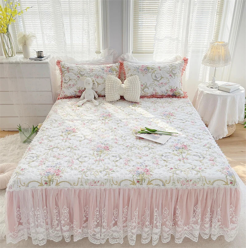 100%Cotton Elegant White Lace Ruffles Quilted Floral Pattern Bed Skirt ...