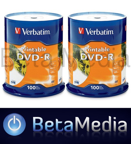 200 x Verbatim blank DVD-R 16x 4.7GB - White Inkjet Printable DVD Discs ...
