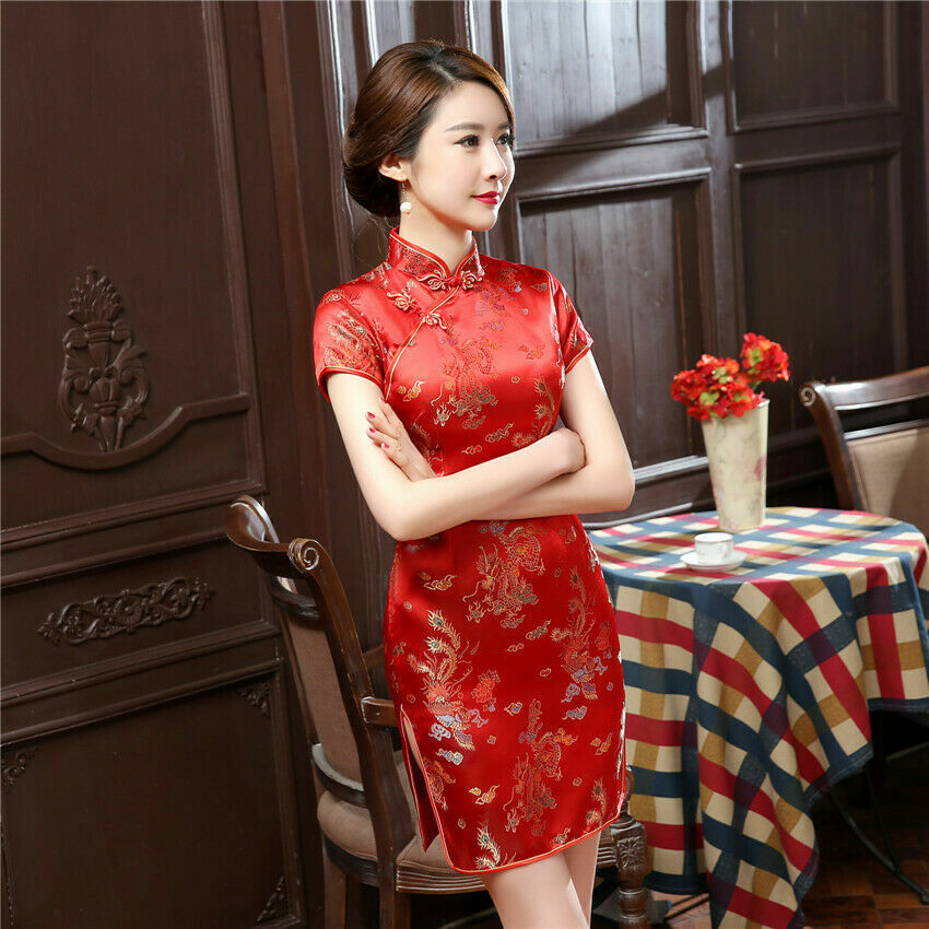 Chinese Traditional Cheongsam Women Silk Satin Mini Dress Hanfu Qipao ...