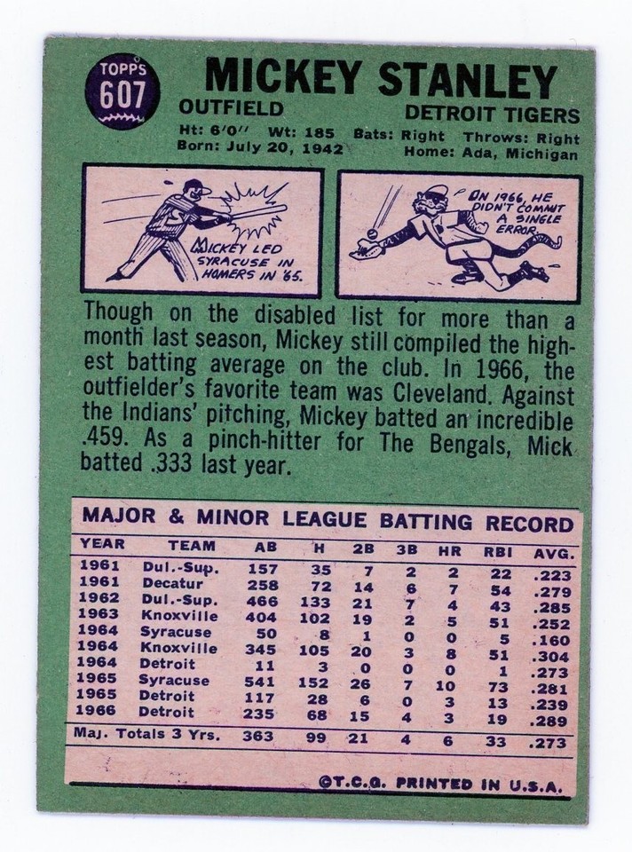 MICKEY STANLEY CARD 1967 TOPPS HIGH NUMBER #607 DETROIT TIGERS SCARCE ...