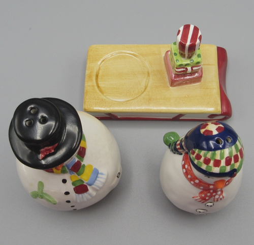 SNOWMATES CREAM BY ONEIDA/SAKURA SALT & PEPPER SHAKERS WITH SLEIGH TRAY ...