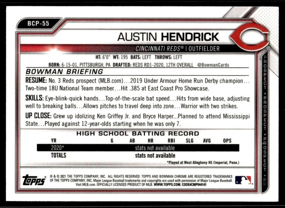 2021 Bowman Chrome Prospects Austin Hendrick G959 Cincinnati Reds #BCP ...