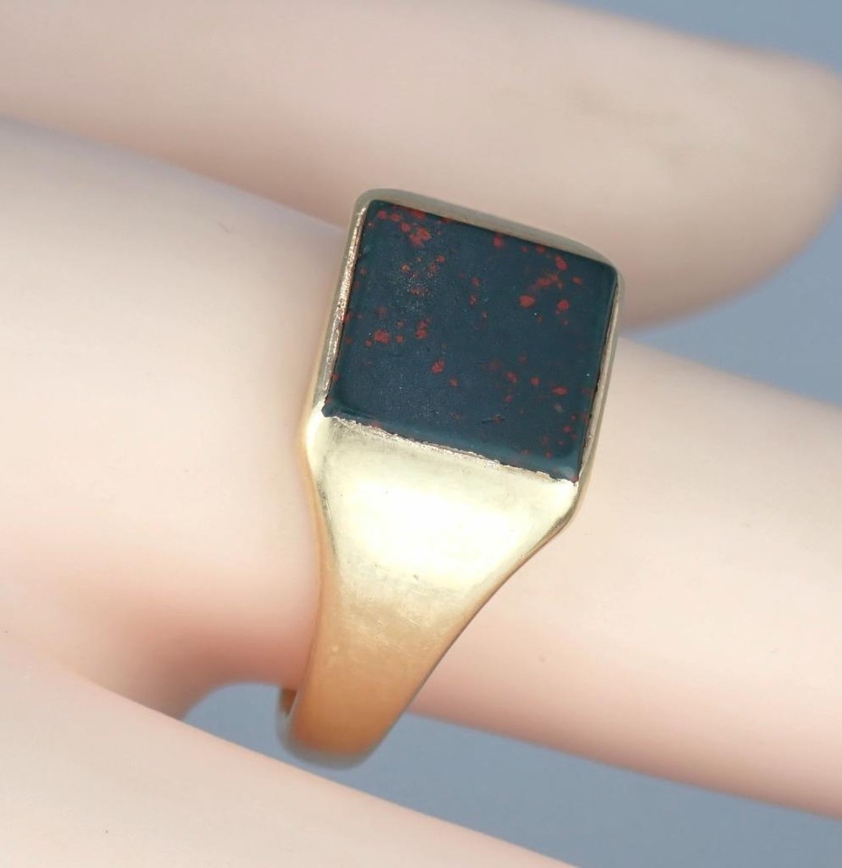 Super Vintage Men's Mid Century 9K Gold Bloodstone Signet Pinkie Ring ...