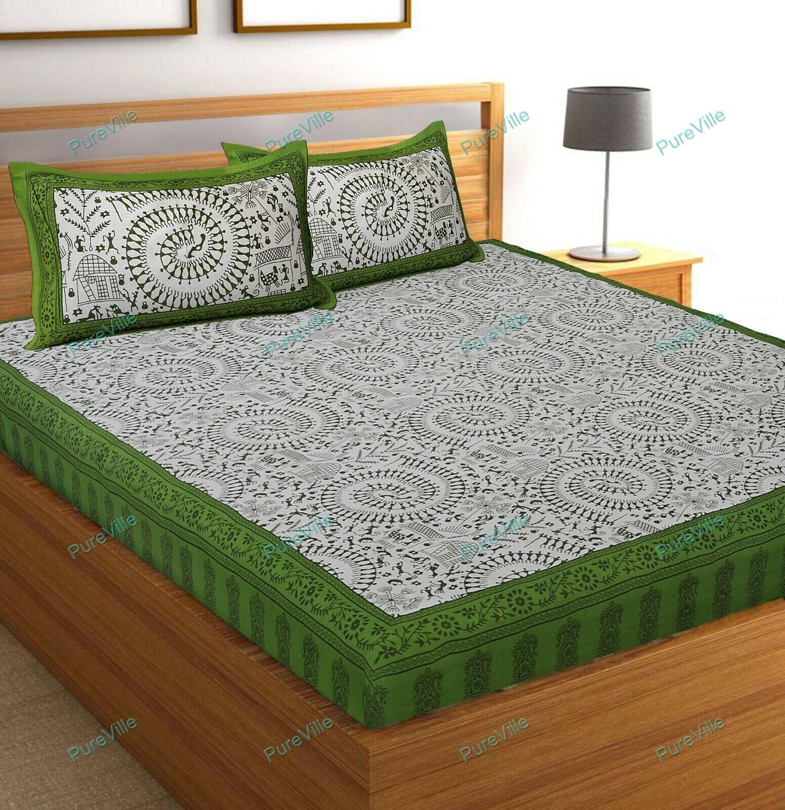 Aadi Manav Print Geometric Printed Pure Cotton Double Bed Sheet With 2 ...