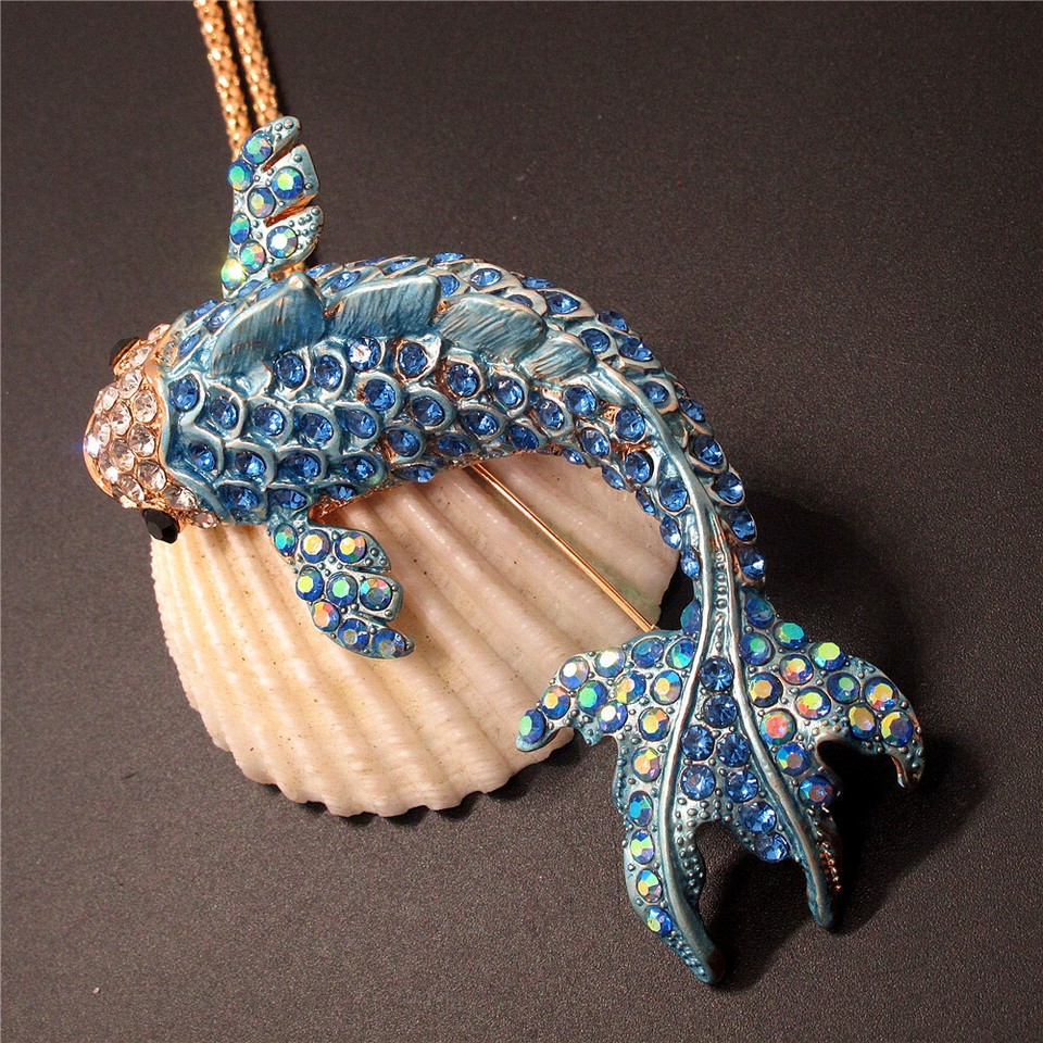 Pretty Blue Enamel Goldfish Fish Crystal Pendant Fashion Women Chain ...