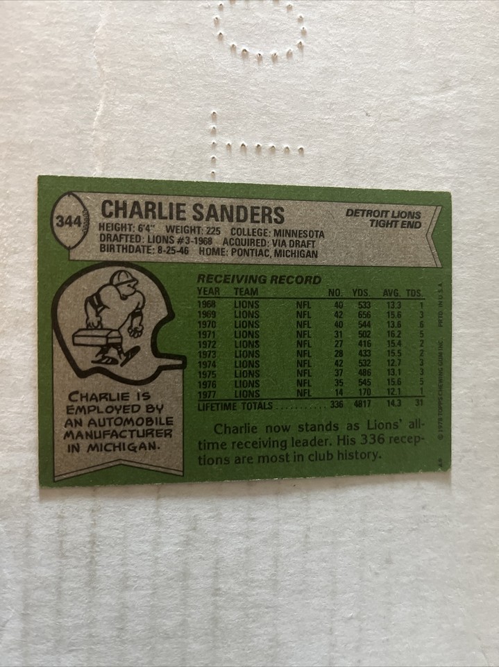 1978 Charlie Sanders Detroit Lions Topps Football Card #344 | eBay