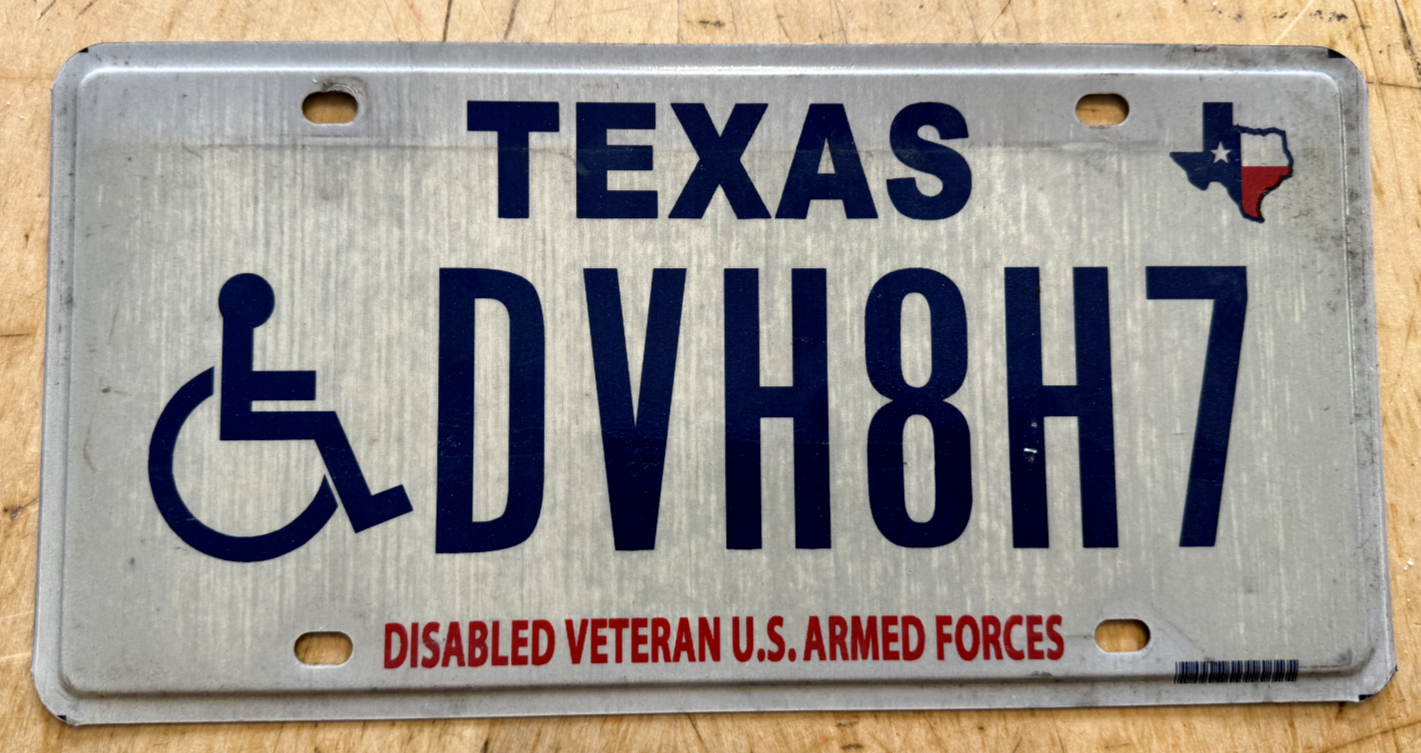 TEXAS DISABLED VETERAN US ARMED FORCES LICENSE PLATE " DV H 8 H7 " TX ...