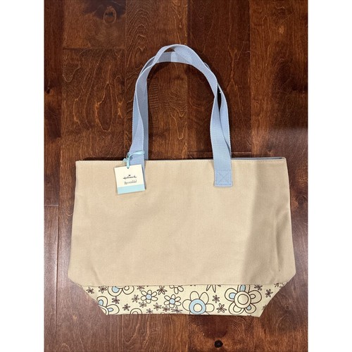 Hallmark Canvas Tote Bag Reversible Flowers Cream Blue Brown 11.5 x 16. ...