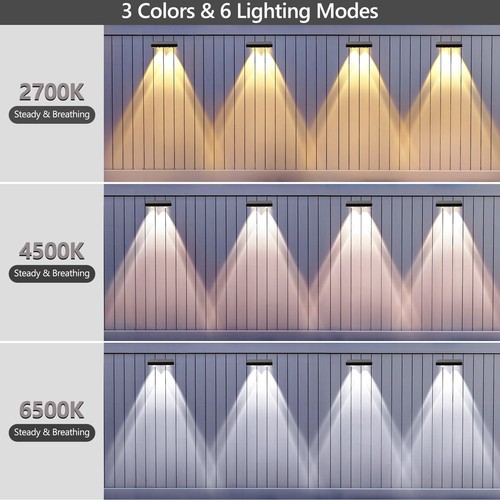 Solar Fence Lights Outdoor 3 Colors 2700K/4500K/6500K & 6 Modes Solar ...