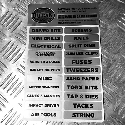Workshop / garage storage drawer / tool labels - garage gear 50x silver ...
