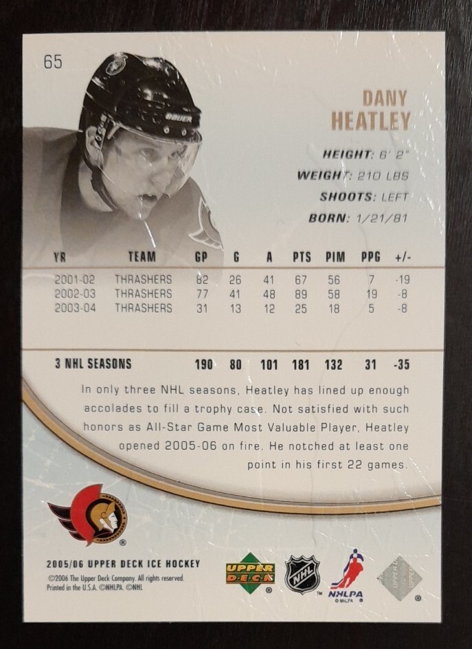 2005 - 2006 Upper Deck Ice Dany Heatley Senators #65 Hockey Card | eBay