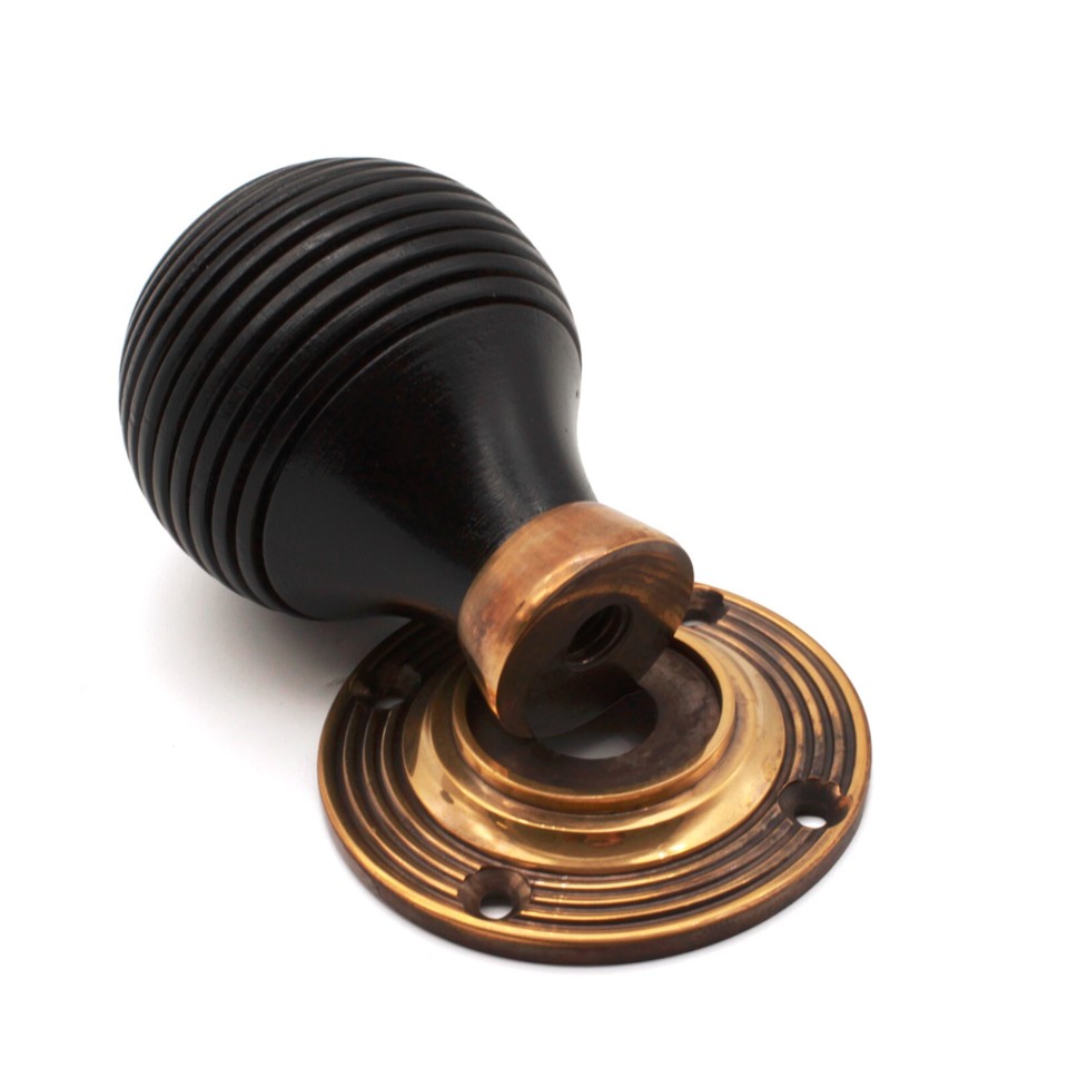 Door Knobs Brass & Antique Rose Ebonised Wood Beehive Mortice Rim Handles Pair | eBay UK