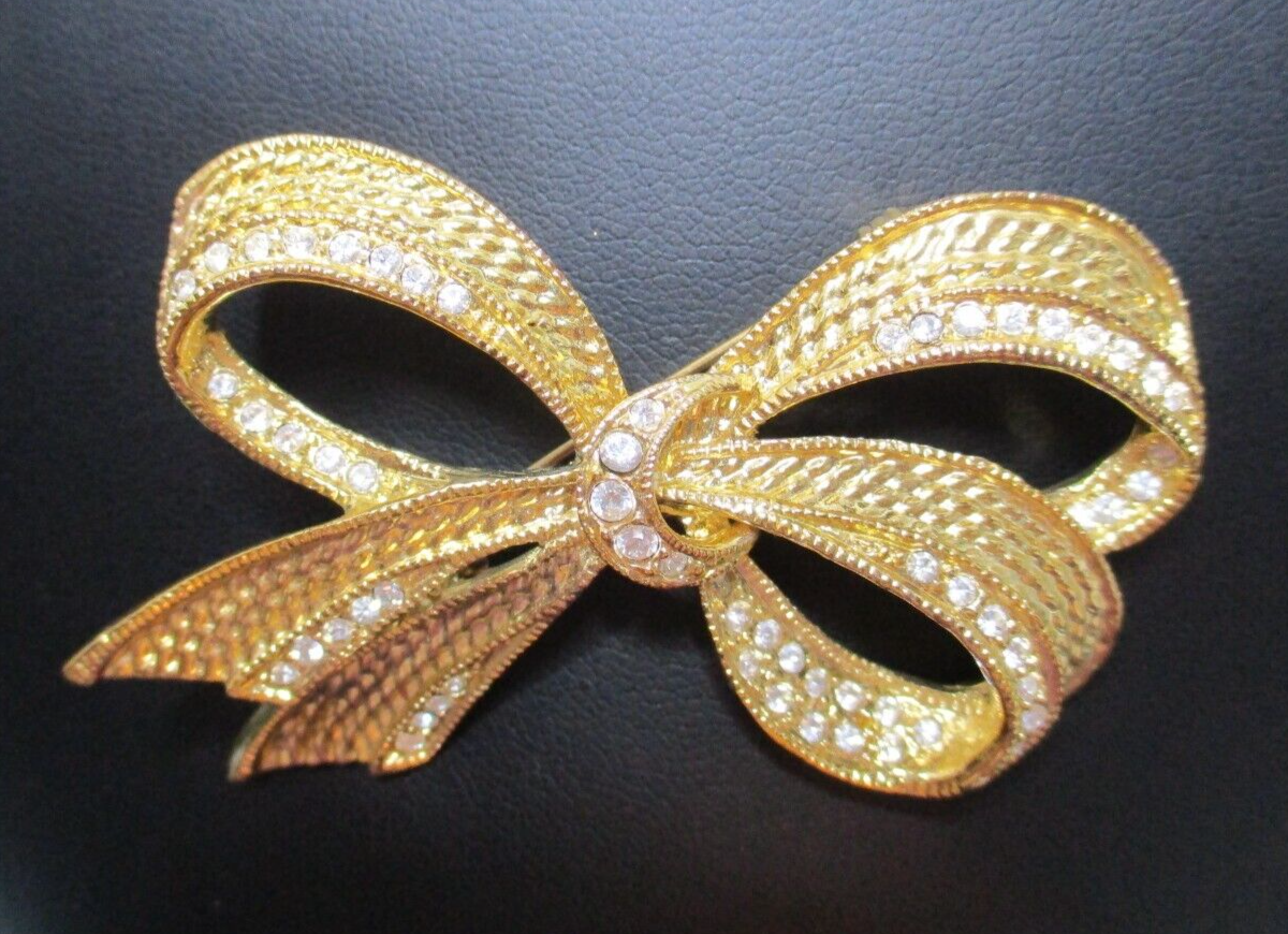 VINTAGE LARGE BOW SIGNED ROMAN GOLD TONE RHINESTONE TEXTURED RIBBON ...