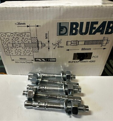 Bufab M10 Metric 10mm x 80mm Concrete Wedge Anchor Bolts +Nuts ...