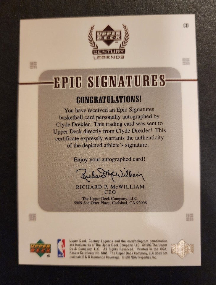1999 Upper Deck Century Legends Epic Signatures Clyde Drexler Auto ...