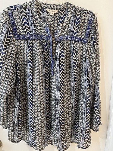 Lucky Brand Top Womens 1X Blue White Print 1/2 Button Lightweight ...