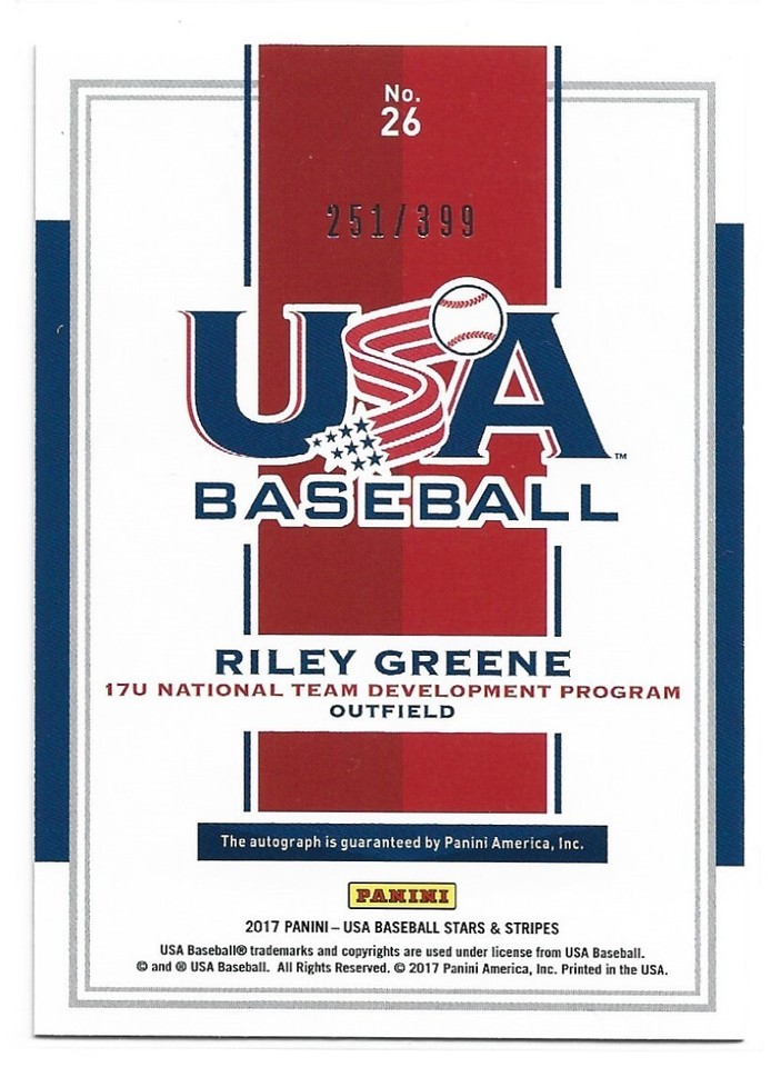 2017 Panini USA Baseball Stars & Stripes Riley Greene 17U Autograph ...