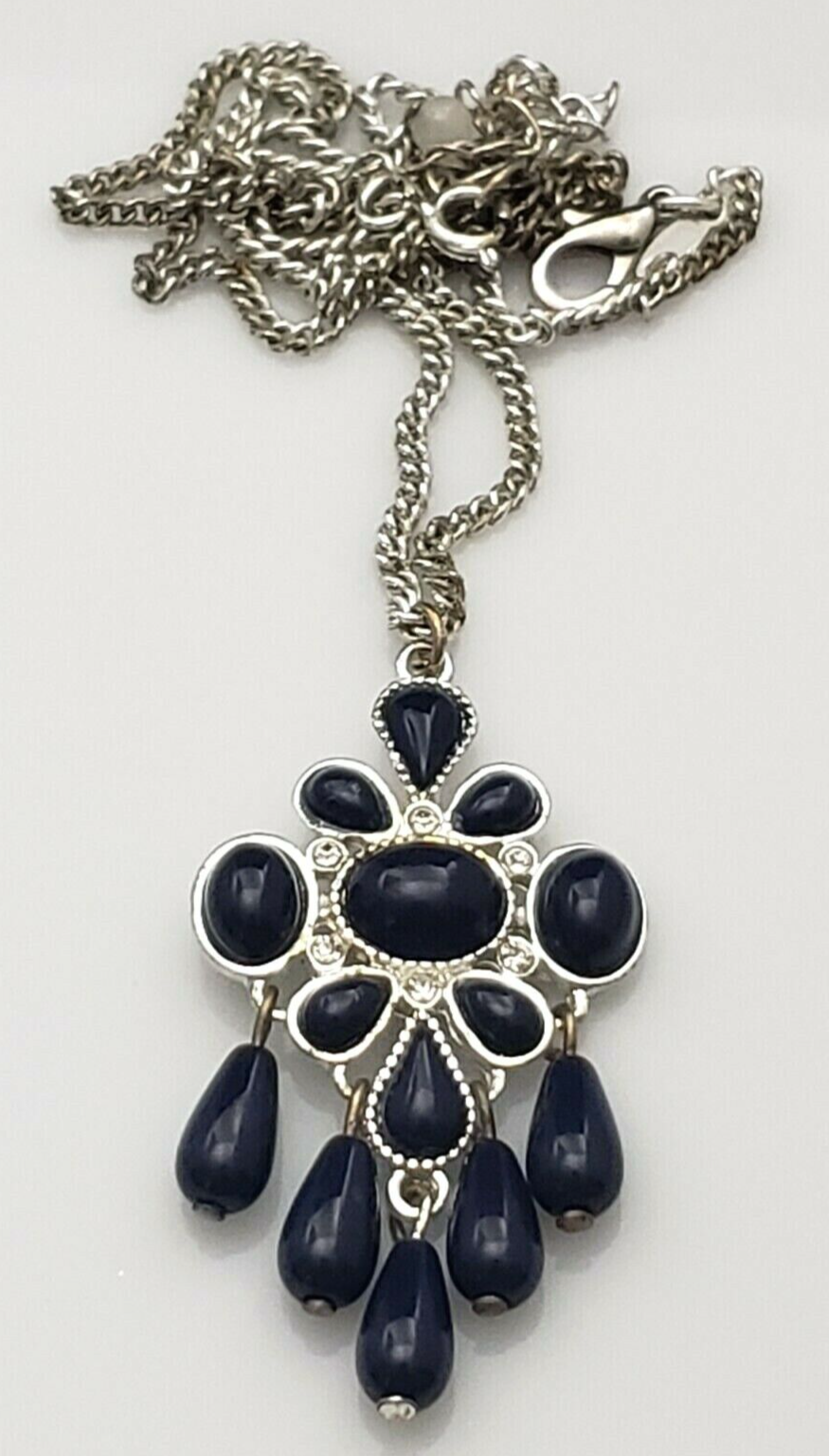 Navy Blue Bead Cabochon Pendant Necklace Rhinestones Silver Signed NWT ...