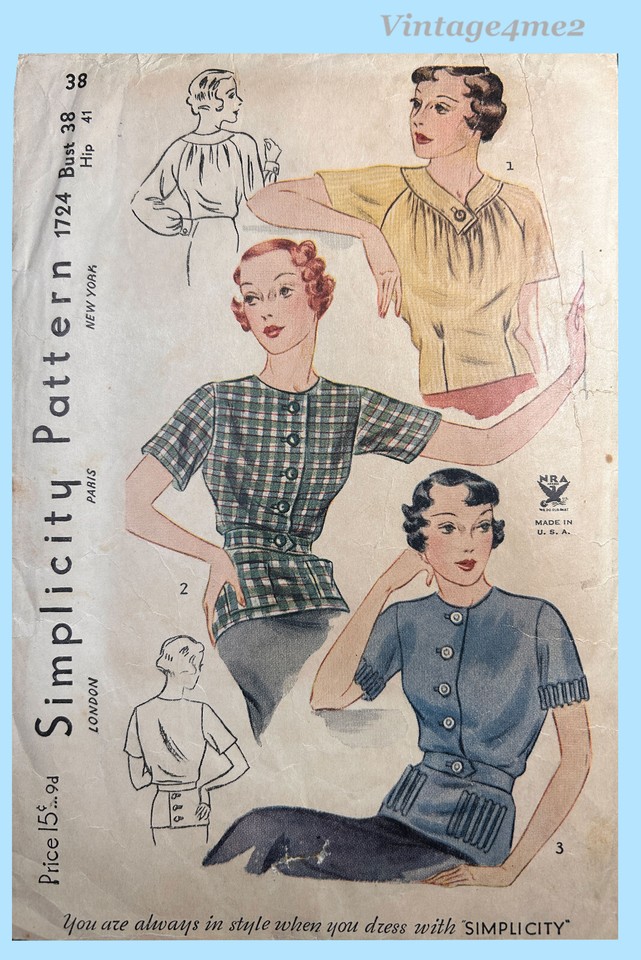 1930s Vintage Simplicity Sewing Pattern 1724 Stylish Misses Peplum ...