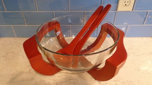 VTG Teak Wood Cradle With Glass With Serving Bowl & Utensils MCM | eBay