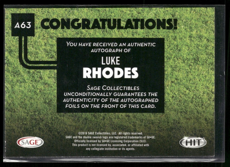 Luke Rhodes 2016 SAGE HIT #A63 Auto Autographs William & Mary Tribe | eBay