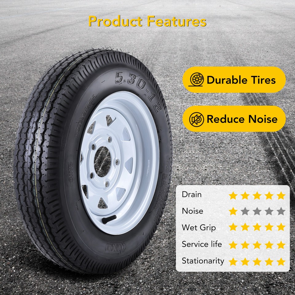 2Pack 5.30-12 Trailer Tire On Rim 5.30x12 530-12 6PR LRC 5 Lug White ...
