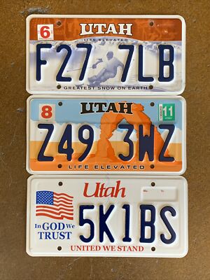 LOT OF 3 UTAH LICENSE PLATES DELICATE ARCH LIFE ELEVATED SKIER IN GOD ...