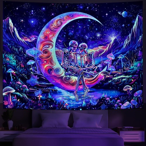 Blacklight UV Reactive Skull Galaxy Moon Skeleton Lovers Wall Tapestry ...