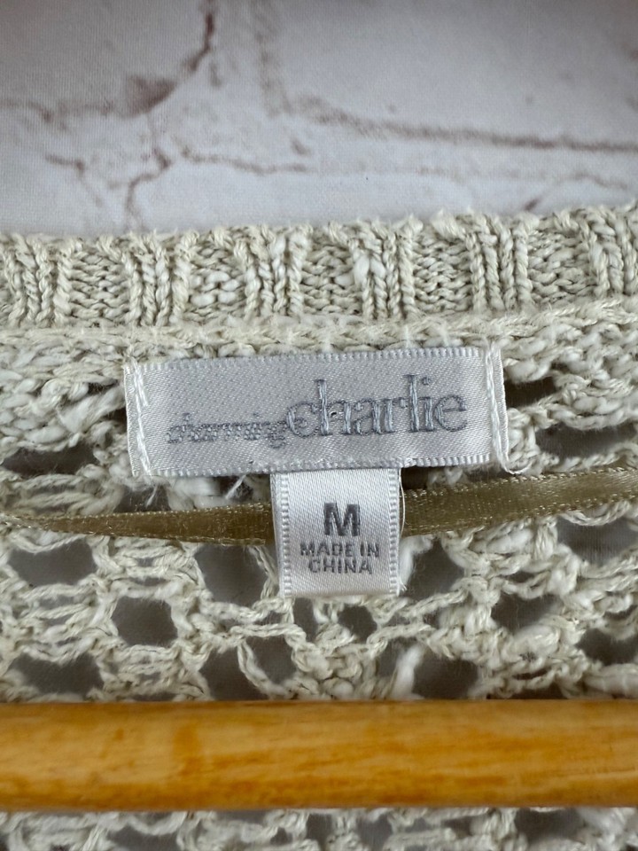 Charming Charlie Loose Knit Cardigan Womens Size Medium Beige Crocheted ...
