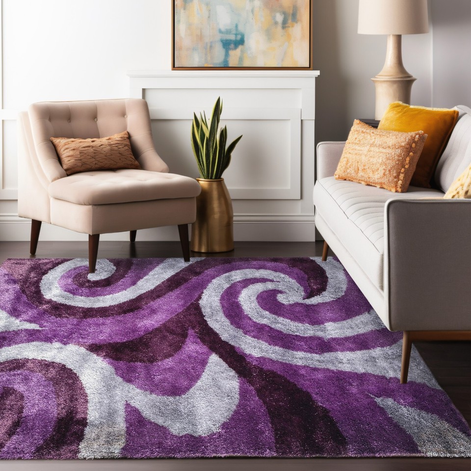 RugBerry 8x10 Purple Gray Area Rug 3D Abstract Geometric Shag Carpet ...
