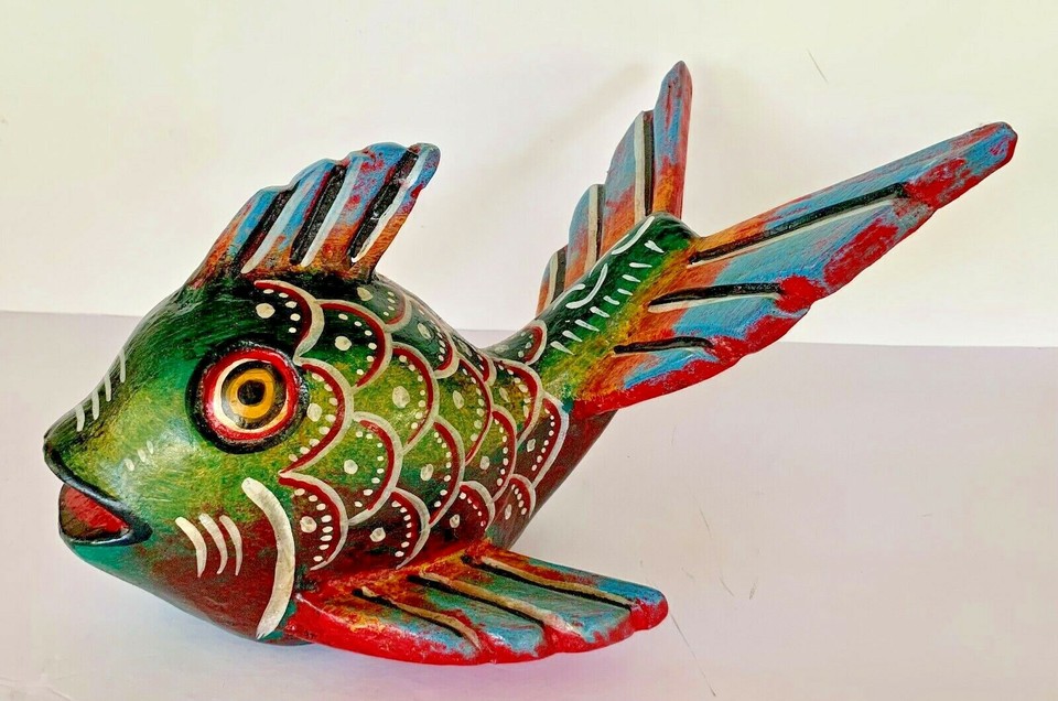 Mexican Folk Art Carved Wood Winged Wooden Carving Fish Guerrero ...
