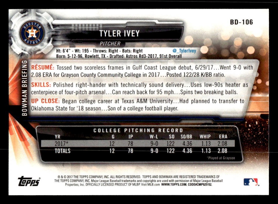 Tyler Ivey 2017 Bowman Draft #BD-106 Houston Astros | eBay